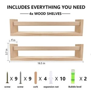 BIROLA Nursery Book Shelves Set of 4,Wood Floating Nursery Shelves for Wall,Wall Bookshelves for Kids，Bathroom Decor, Kitchen Spice Rack (Set of 4)