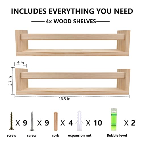 BIROLA Nursery Book Shelves Set of 4,Wood Floating Nursery Shelves for Wall,Wall Bookshelves for Kids，Bathroom Decor, Kitchen Spice Rack (Set of 4)