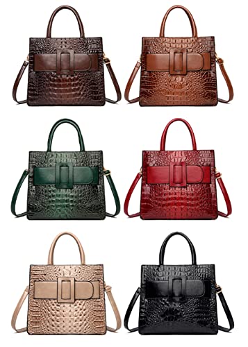 GJGJTER Vintage Top-handle Handbags Purse Satchel for Women PU Crocodile Pattern Tote Commuter Bag Crossbody Shoulder Bag-Coffee