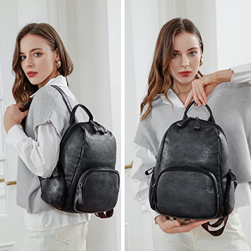 Iswee Retro Leather Women Backpack Small Purse Cute Anti-theft Casual Soft Travel Daypack College Bag School Bookbag (Black)