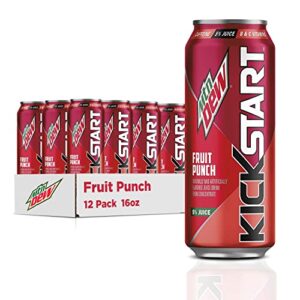 mountain dew kickstart, fruit punch, 92mg caffeine, vitamins b & c, 80 calories, 5% juice, 16 fl oz (12 count)