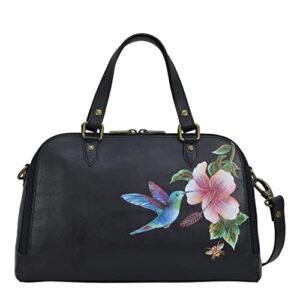 anuschka women’s hand painted genuine vegetable tanned leather wide organizer satchel – hummingbird black