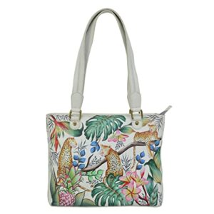 anuschka women’s genuine leather medium shopper – hand painted exterior – jungle queen ivory