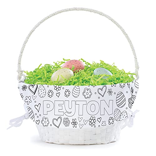 Floral and Heart Theme DIY Personalized Easter Egg Basket with Handle and Custom Name | Color It Yourself Easter Basket Liners | White Basket | Woven Easter Baskets for Kids | Customized Easter Basket