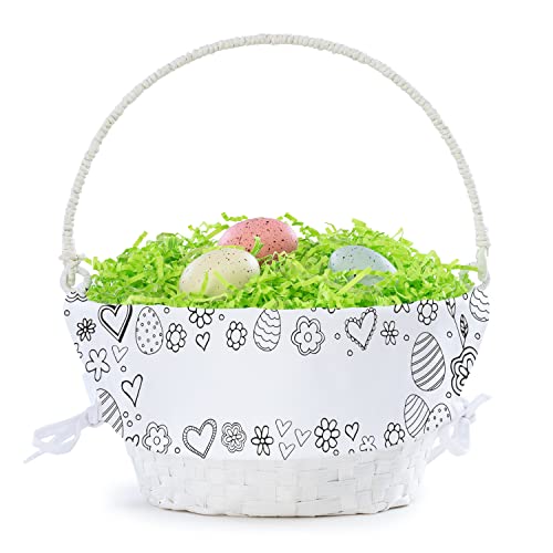 Floral and Heart Theme DIY Personalized Easter Egg Basket with Handle and Custom Name | Color It Yourself Easter Basket Liners | White Basket | Woven Easter Baskets for Kids | Customized Easter Basket