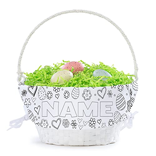 Floral and Heart Theme DIY Personalized Easter Egg Basket with Handle and Custom Name | Color It Yourself Easter Basket Liners | White Basket | Woven Easter Baskets for Kids | Customized Easter Basket