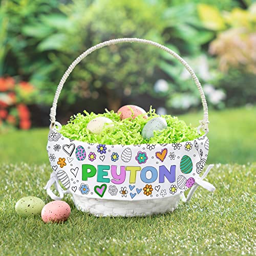 Floral and Heart Theme DIY Personalized Easter Egg Basket with Handle and Custom Name | Color It Yourself Easter Basket Liners | White Basket | Woven Easter Baskets for Kids | Customized Easter Basket