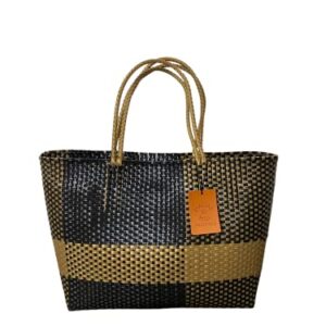 Dallas Hill Designs Handwoven Super Tote Bag for Women | Recycled Plastic Shoulder Purse | Summer Beach, Pool, and Travel Handbag (Black & Gold)