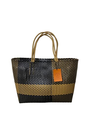 Dallas Hill Designs Handwoven Super Tote Bag for Women | Recycled Plastic Shoulder Purse | Summer Beach, Pool, and Travel Handbag (Black & Gold)