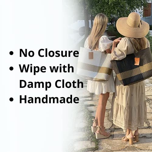 Dallas Hill Designs Handwoven Super Tote Bag for Women | Recycled Plastic Shoulder Purse | Summer Beach, Pool, and Travel Handbag (Black & Gold)