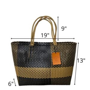 Dallas Hill Designs Handwoven Super Tote Bag for Women | Recycled Plastic Shoulder Purse | Summer Beach, Pool, and Travel Handbag (Black & Gold)