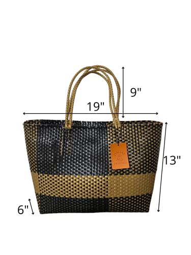 Dallas Hill Designs Handwoven Super Tote Bag for Women | Recycled Plastic Shoulder Purse | Summer Beach, Pool, and Travel Handbag (Black & Gold)