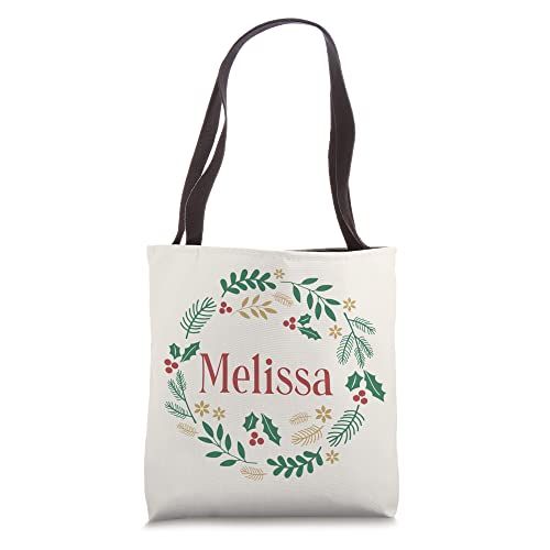 Melissa Monogram Name Holiday Christmas Floral Wreath Gift Tote Bag