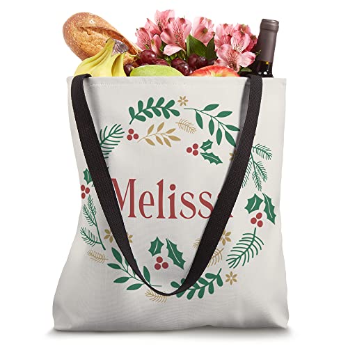 Melissa Monogram Name Holiday Christmas Floral Wreath Gift Tote Bag