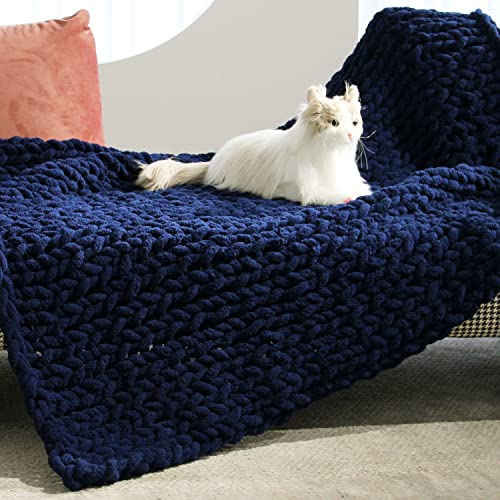 Casaphoria Luxury Chunky Knit Throw Blanket-Large Cable Knitted Soft Cozy Polyester Chenille Bulky Blankets for Cuddling up in Bed, on The Couch or Sofa,Home Decor, Gift, 50"x60",Pack of 1,Navy Blue