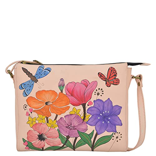 Anna by Anuschka Women’s Genuine Leather Slim Medium Crossbody - Hand Painted Original Artwork - Dragonfly Garden