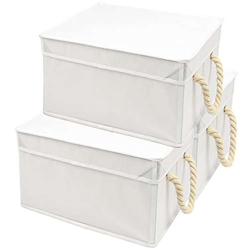 Casaphoria 3pcs Cube Collapsible Fabric Storage Bins with Rope Handles,Thicker Foldable Rectangular Canvas Storage Box with Lid for Shelves Organizing,Closet Storage Baskets Stackable for Wardrobe