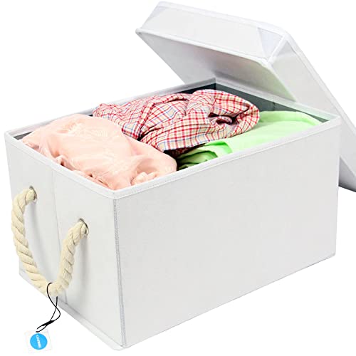 Casaphoria 3pcs Cube Collapsible Fabric Storage Bins with Rope Handles,Thicker Foldable Rectangular Canvas Storage Box with Lid for Shelves Organizing,Closet Storage Baskets Stackable for Wardrobe