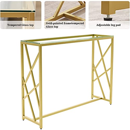 Console Table,Narrow Sofa Table,Glass Console Table Mirrored Console Table Entryway Hallway Table with Golden Metal Frame and Adjustable Feet,Entrance Table for Living Room,Foyer 41.7x11.8x30.7 inch