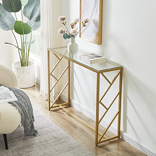 Console Table,Narrow Sofa Table,Glass Console Table Mirrored Console Table Entryway Hallway Table with Golden Metal Frame and Adjustable Feet,Entrance Table for Living Room,Foyer 41.7x11.8x30.7 inch