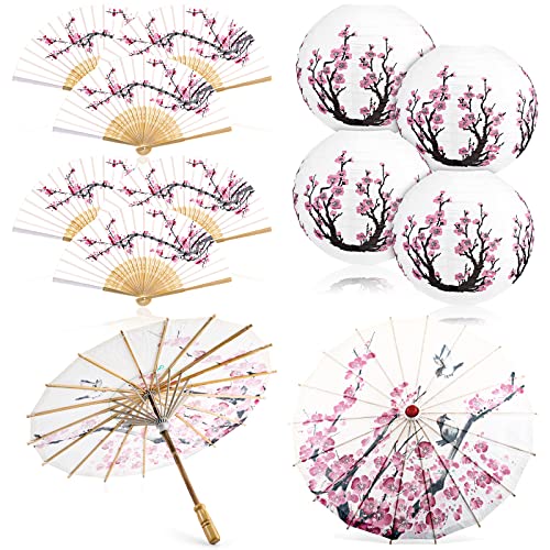 Tallew 12 Pcs Cherry Blossom Decor Set, Including 2 Chinese Japanese Oiled Paper Umbrella, 4 Pink Lanterns and 6 Handheld Silk Decorative Folding Fans for Wedding Party Favor