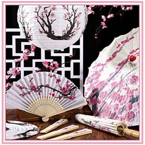 Tallew 12 Pcs Cherry Blossom Decor Set, Including 2 Chinese Japanese Oiled Paper Umbrella, 4 Pink Lanterns and 6 Handheld Silk Decorative Folding Fans for Wedding Party Favor