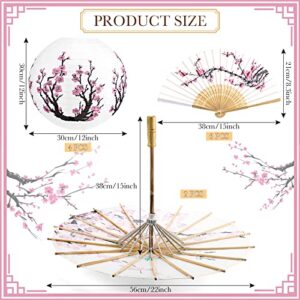 Tallew 12 Pcs Cherry Blossom Decor Set, Including 2 Chinese Japanese Oiled Paper Umbrella, 4 Pink Lanterns and 6 Handheld Silk Decorative Folding Fans for Wedding Party Favor