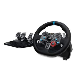 logitech g29 driving force racing wheel and floor pedals, real force feedback, stainless steel paddle shifters, leather steering wheel cover for ps5, ps4, pc, mac – black