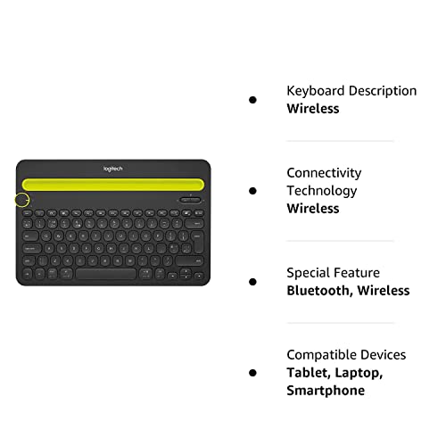 Logitech Bluetooth Multi-Device Keyboard K480 for Computers. Tablets and Smartphones. Black, Compact, Dial and Switch, Spill-Resistant Keyboard - 920-006342 (Renewed)