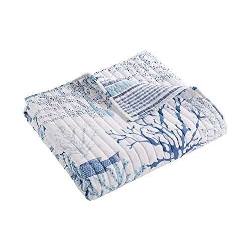 Levtex - Lacey Sea - Quilted Throw - 50x60in. - Coastal Coral - Blue and White - Reversible Pattern - Cotton Fabric