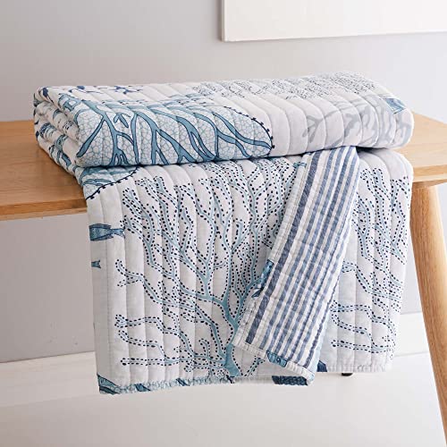 Levtex - Lacey Sea - Quilted Throw - 50x60in. - Coastal Coral - Blue and White - Reversible Pattern - Cotton Fabric