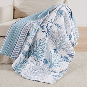 Levtex - Lacey Sea - Quilted Throw - 50x60in. - Coastal Coral - Blue and White - Reversible Pattern - Cotton Fabric