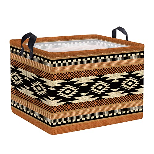 Clastyle Rectangle Brown National Geometric Storage Baskets Collapsible Waterproof Ethnic Style Clothes Storage Bin for Bedroom, 15.7 * 11.8 * 11.8 in