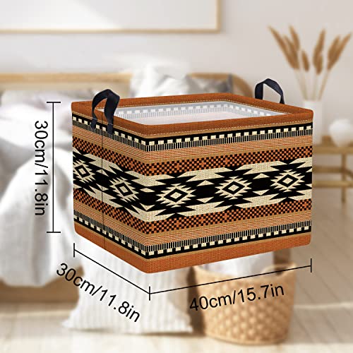 Clastyle Rectangle Brown National Geometric Storage Baskets Collapsible Waterproof Ethnic Style Clothes Storage Bin for Bedroom, 15.7 * 11.8 * 11.8 in