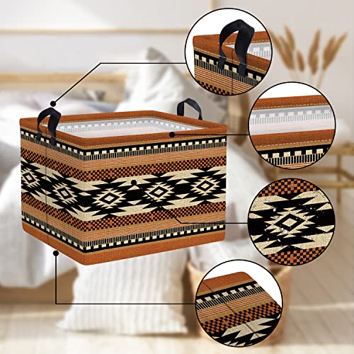 Clastyle Rectangle Brown National Geometric Storage Baskets Collapsible Waterproof Ethnic Style Clothes Storage Bin for Bedroom, 15.7 * 11.8 * 11.8 in