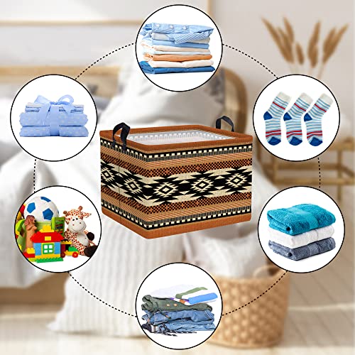 Clastyle Rectangle Brown National Geometric Storage Baskets Collapsible Waterproof Ethnic Style Clothes Storage Bin for Bedroom, 15.7 * 11.8 * 11.8 in