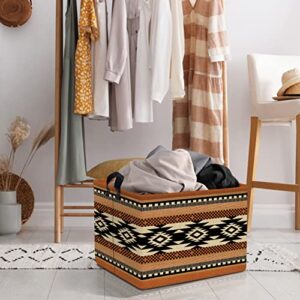 Clastyle Rectangle Brown National Geometric Storage Baskets Collapsible Waterproof Ethnic Style Clothes Storage Bin for Bedroom, 15.7 * 11.8 * 11.8 in