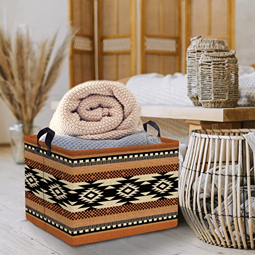 Clastyle Rectangle Brown National Geometric Storage Baskets Collapsible Waterproof Ethnic Style Clothes Storage Bin for Bedroom, 15.7 * 11.8 * 11.8 in