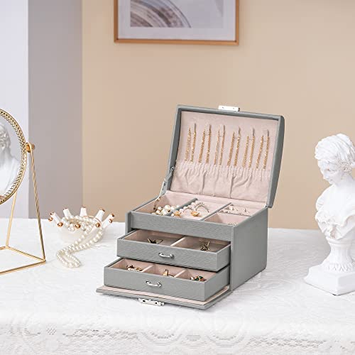 BEWISHOME Jewelry Box for Girls Women,3 Layers Jewelry Organizer Box Gifts for Girls Women, Mini Jewelry Travel Case with Lock, PU Leather Jewelry Case for Earrings, Rings, Necklaces Grey, SSH88H