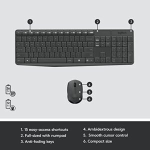 Logitech MK235 Wireless Keyboard and Mouse Combo for Windows, 2.4 GHz Wireless Unifying USB Receiver, 15 FN Keys, Long Battery Life, Compatible with PC, Laptop