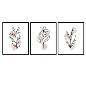 boho botanical prints, set of 3, gallery wall art, blush pink wild flowers, abstract black line, floral home decor, flower print set, floral line art, 11x14inch unframed