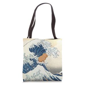 wave capybara surfing rodent tote bag