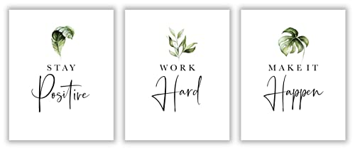 Botanical Inspirational Motivational Wall Art Office Decor - Unframed Set of 3 - 8x10 inch - Black and White Sage Green Leaf Plant Wall Art Posters for Office, Positive Office Decor, Inspirational Motivational Office Wall Decor Posters, Office Wall Art fo