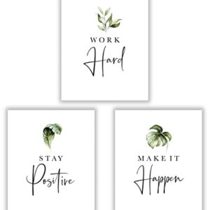 Botanical Inspirational Motivational Wall Art Office Decor - Unframed Set of 3 - 8x10 inch - Black and White Sage Green Leaf Plant Wall Art Posters for Office, Positive Office Decor, Inspirational Motivational Office Wall Decor Posters, Office Wall Art fo