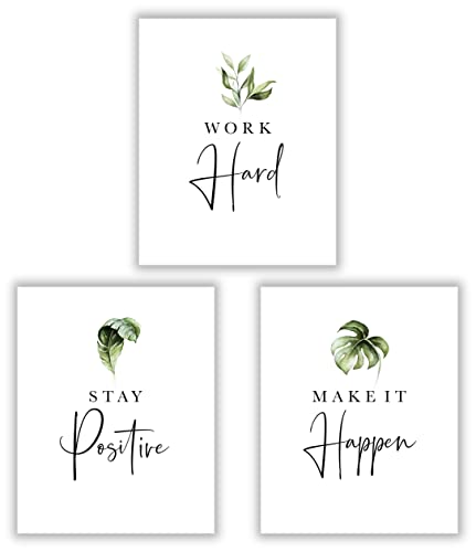 Botanical Inspirational Motivational Wall Art Office Decor - Unframed Set of 3 - 8x10 inch - Black and White Sage Green Leaf Plant Wall Art Posters for Office, Positive Office Decor, Inspirational Motivational Office Wall Decor Posters, Office Wall Art fo