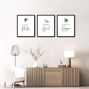 Botanical Inspirational Motivational Wall Art Office Decor - Unframed Set of 3 - 8x10 inch - Black and White Sage Green Leaf Plant Wall Art Posters for Office, Positive Office Decor, Inspirational Motivational Office Wall Decor Posters, Office Wall Art fo