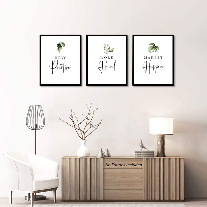 Botanical Inspirational Motivational Wall Art Office Decor - Unframed Set of 3 - 8x10 inch - Black and White Sage Green Leaf Plant Wall Art Posters for Office, Positive Office Decor, Inspirational Motivational Office Wall Decor Posters, Office Wall Art fo