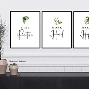 Botanical Inspirational Motivational Wall Art Office Decor - Unframed Set of 3 - 8x10 inch - Black and White Sage Green Leaf Plant Wall Art Posters for Office, Positive Office Decor, Inspirational Motivational Office Wall Decor Posters, Office Wall Art fo