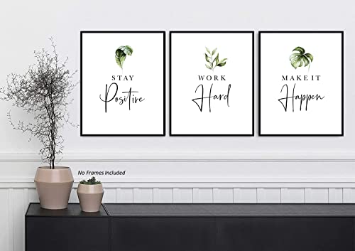 Botanical Inspirational Motivational Wall Art Office Decor - Unframed Set of 3 - 8x10 inch - Black and White Sage Green Leaf Plant Wall Art Posters for Office, Positive Office Decor, Inspirational Motivational Office Wall Decor Posters, Office Wall Art fo