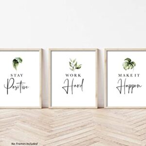 Botanical Inspirational Motivational Wall Art Office Decor - Unframed Set of 3 - 8x10 inch - Black and White Sage Green Leaf Plant Wall Art Posters for Office, Positive Office Decor, Inspirational Motivational Office Wall Decor Posters, Office Wall Art fo